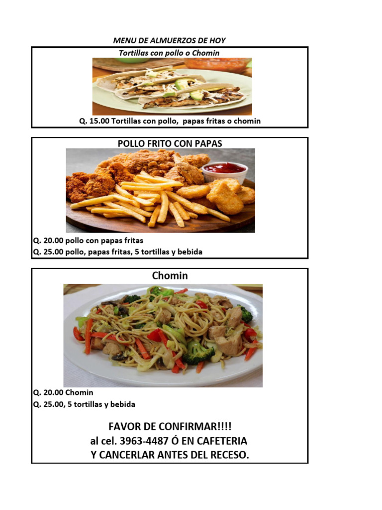 Menu Cafeteria 1 2024 Chomin | PDF