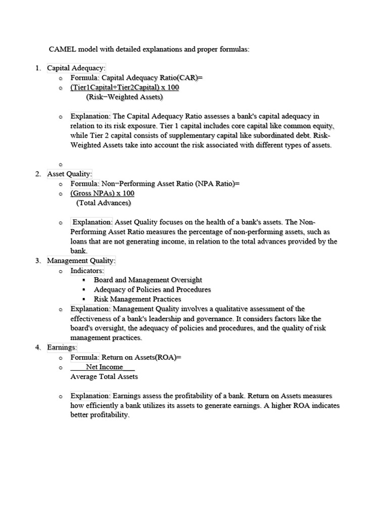 CAMEL Model With Detailed Explanations and Proper Formulas | PDF ...