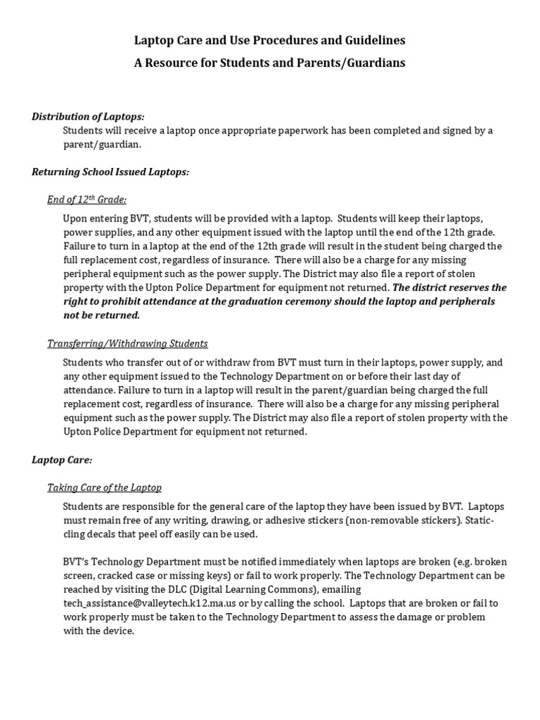Laptop Care and Use Procedures and Guidelines | PDF | Laptop ...