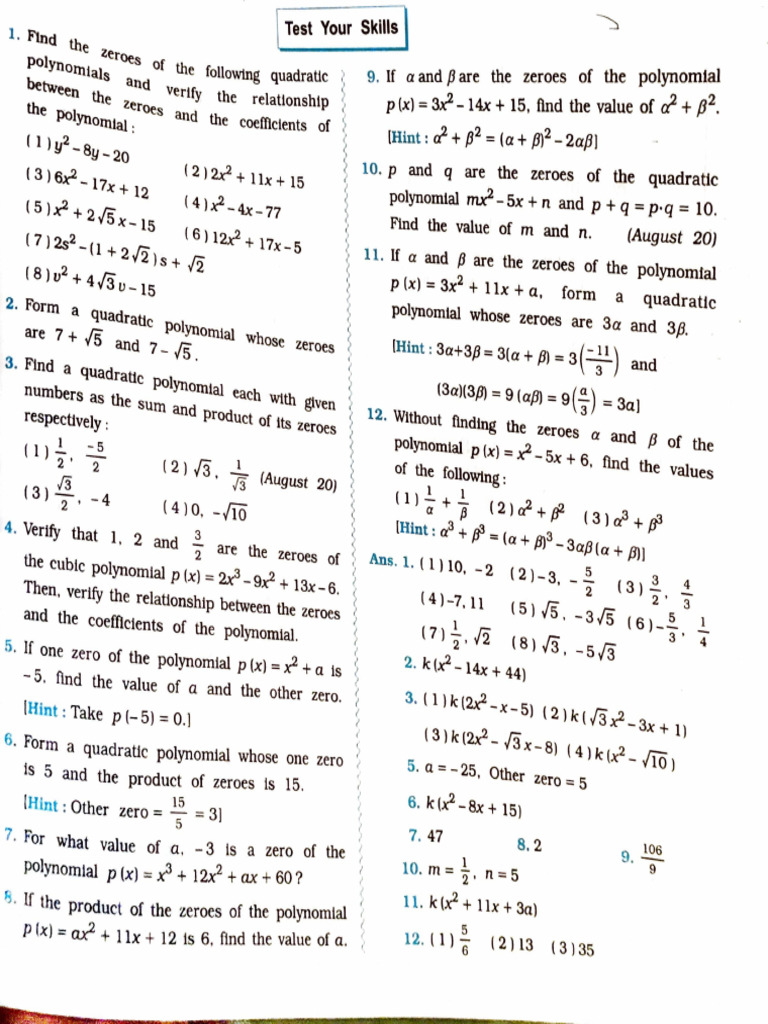 Quadratic Polynomial Zeroes and Relationships | PDF | Algebra ...