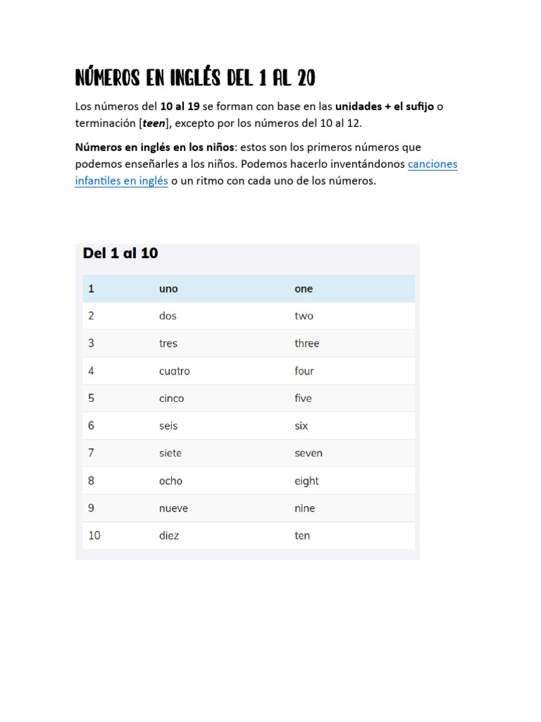 Números en Inglés Del 1 Al 1,000 | PDF