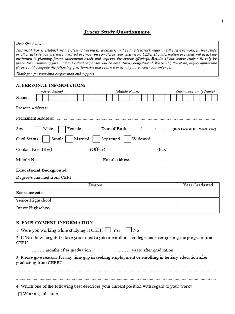 CEFI Tracer Study Questions | PDF | Self Employment | Small Business ...