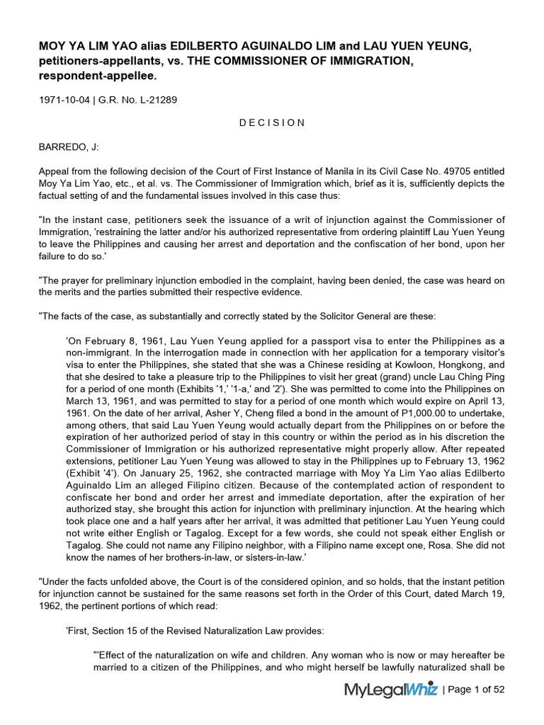 (FULL TEXT) Moy Ya Lim Yao Vs Commissioner of Immigration 41 SCRA 292 ...
