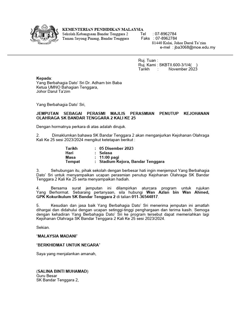 Surat Jemputan Perasmi Olahraga 2023 - YB Dato' Sri DR Adham | PDF