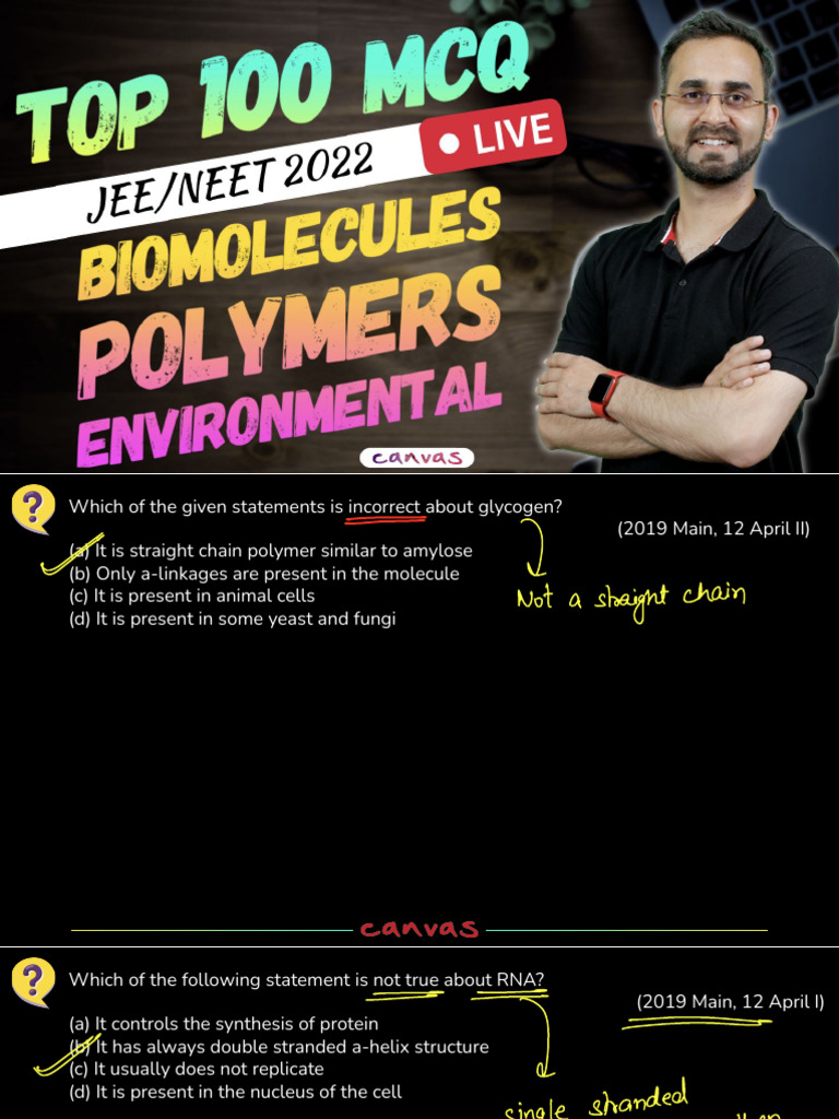 Top 100 MCQ - Biomolecules + Polymers + Environmental 2 | PDF | Cell ...