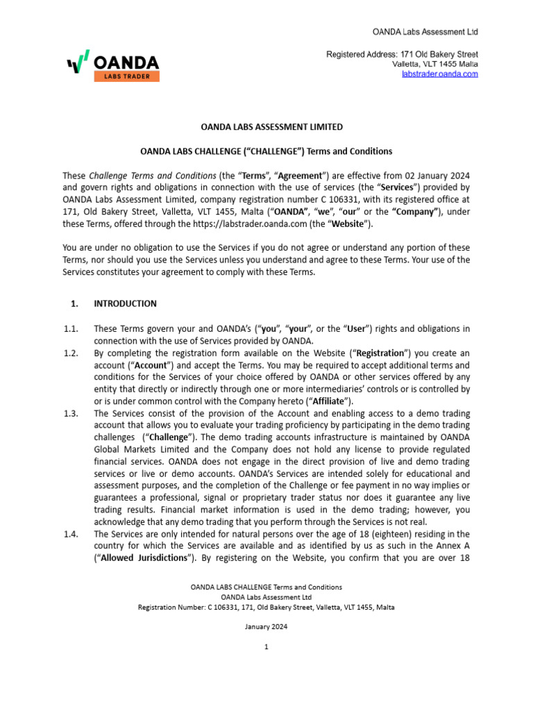 OANDA Labs Trader - Terms and Conditions | PDF | Fee | Payments