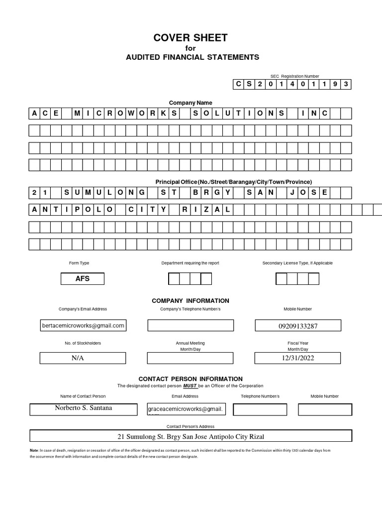 Ace Cover Sheet For AFS | PDF