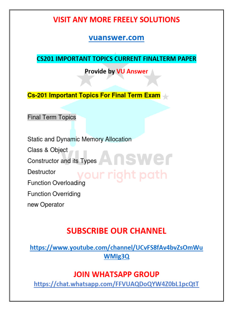 CS201 Final Important Topics by VU Answer | PDF | Constructor (Object Oriented Programming ...