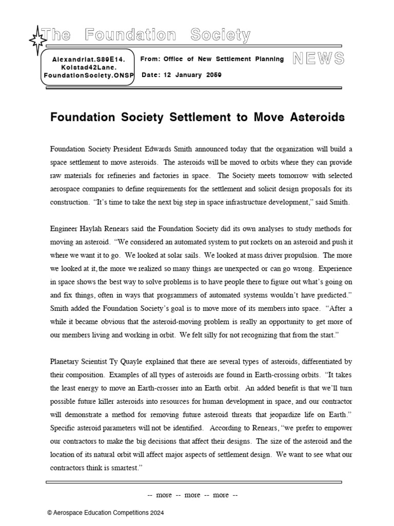 Foundation Society's Asteroid-Moving Settlement | PDF | Asteroid | Orbit