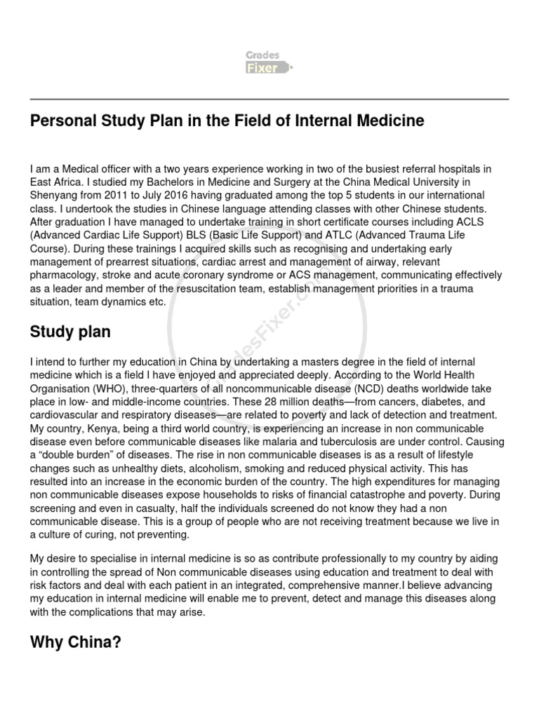 Personal Study Plan in The Field of Internal Medicine | Download Free ...