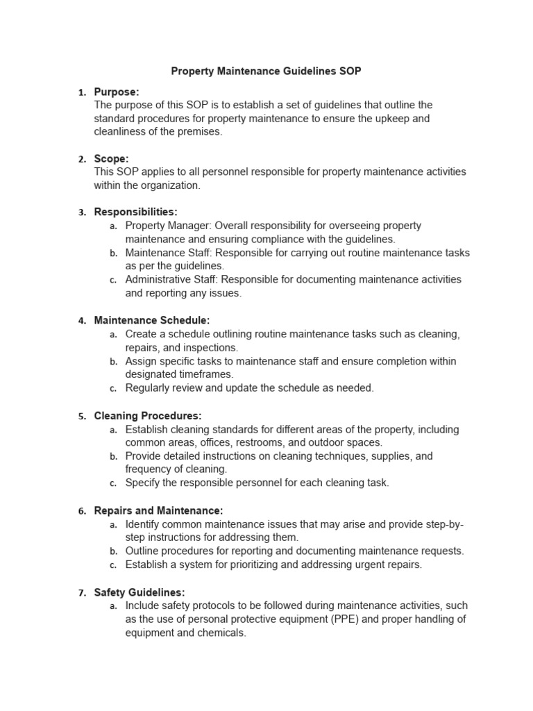 Property Maintenance Guidelines SOP | PDF | Safety | Regulatory Compliance
