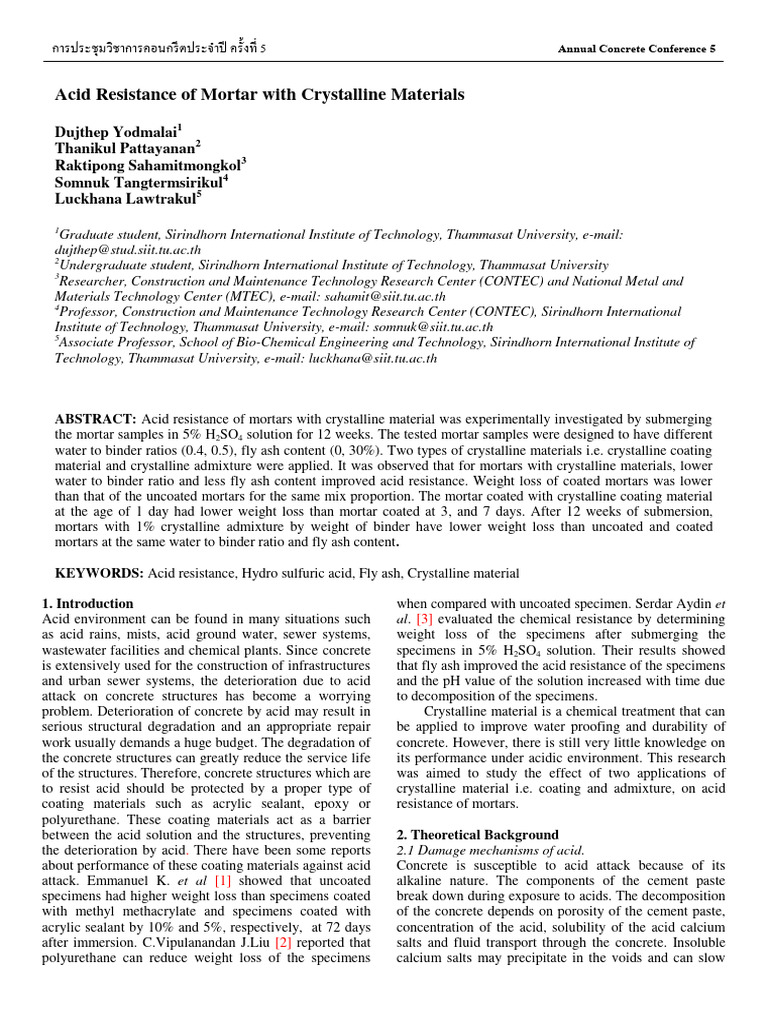 Acid Resistance of Mortar With Xypex | PDF | Concrete | Mortar (Masonry)