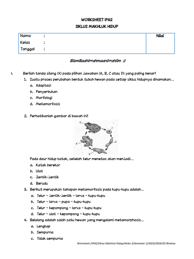 Worksheet 1 Siklus Makhluk Hidup | PDF | Sains & Matematika