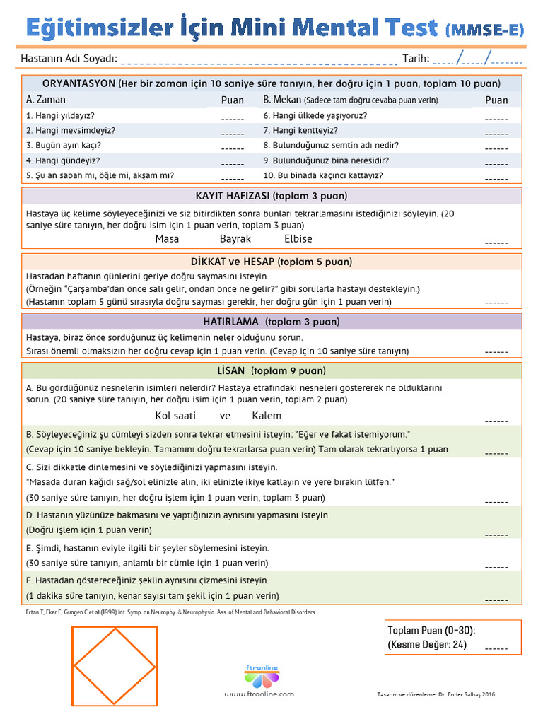 Egitimsizler Icin Mini Mental Test Ftronline | PDF
