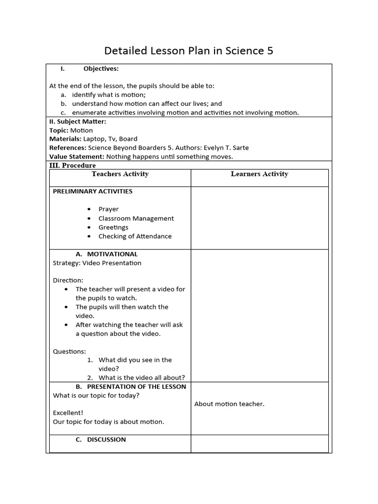 Detailed Lesson Plan Grade 5 Science | PDF | Force | Lesson Plan