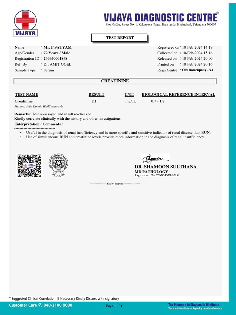 Creatinine Test Report for Mr. P Satyam | PDF | Creatinine | Medicine