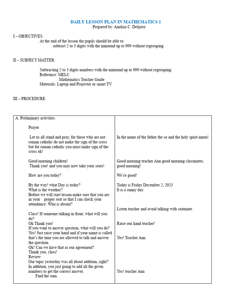 Daily Lesson Plan in Mathematics 1 | PDF | Subtraction