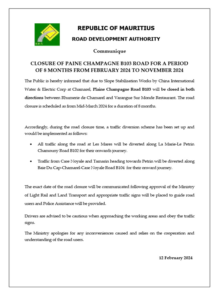 Road Closure Notice for B103 Road | PDF | Technology & Engineering