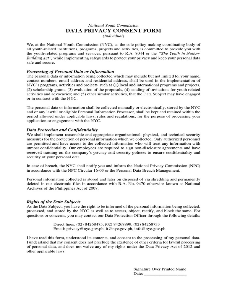(Individual) NYC Data Privacy Consent | PDF | Privacy | Information Privacy