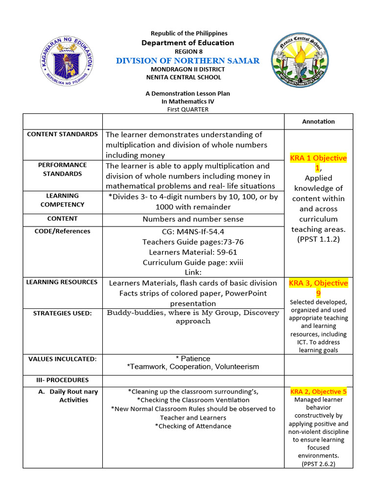 Math IV COT Plan Q-1 | PDF | Division (Mathematics) | Learning