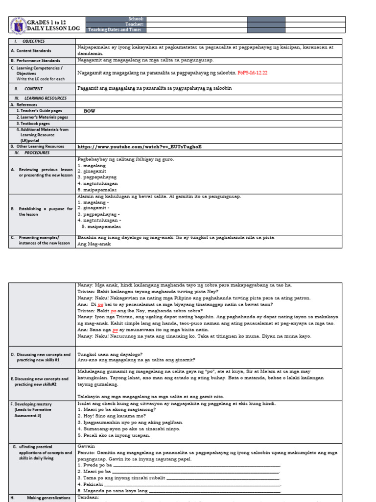 FILIPINO - Q1-W4 Day1 | PDF