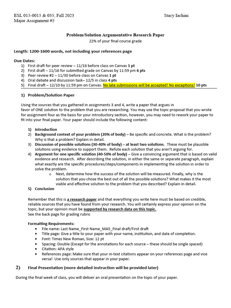 MA+#5+Problem+Solution+Essay+Assignment+Sheet FA23 | PDF | Citation | Paragraph
