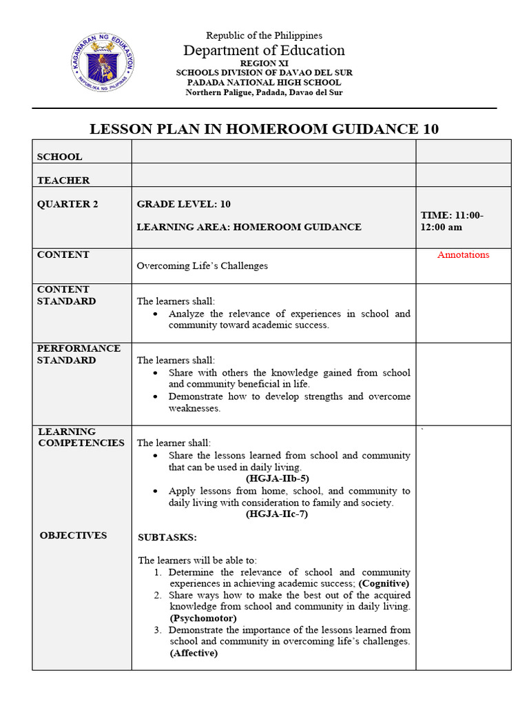 Lesson Plan Homeroom Guidance | Download Free PDF | Learning | Experience