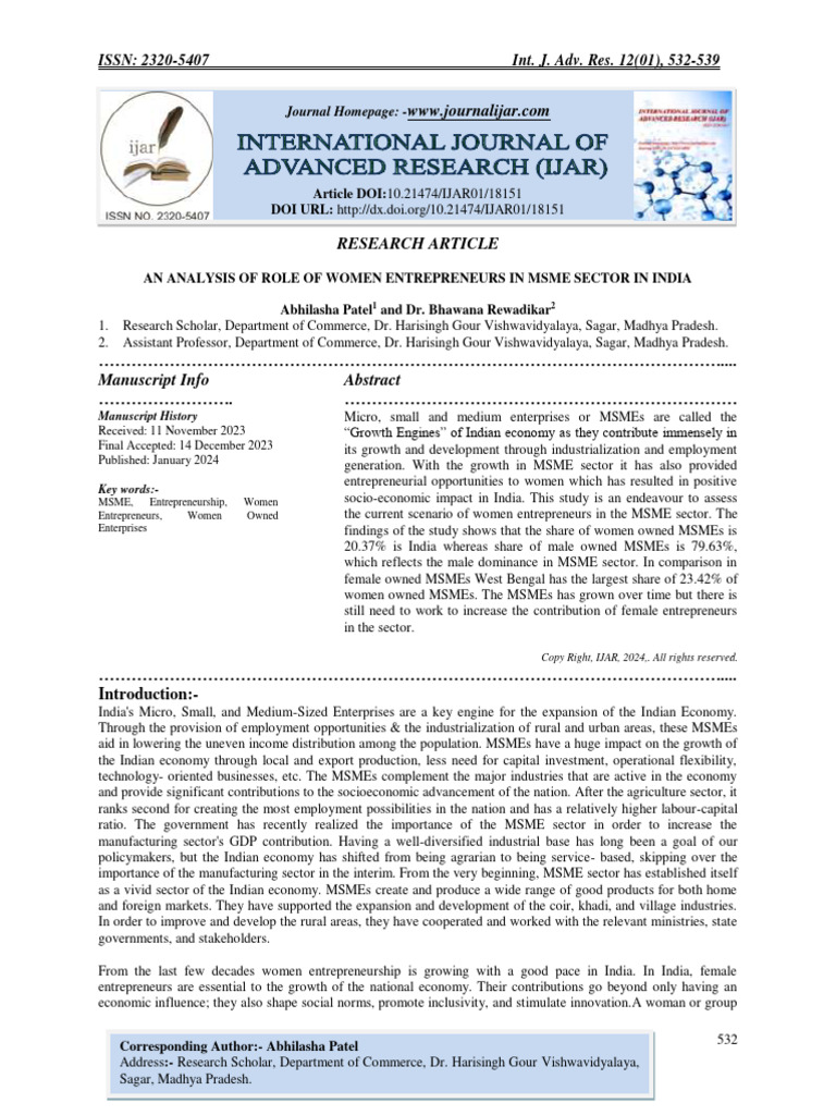 An Analysis of Role of Women Entrepreneurs in Msme Sector in India | PDF | Entrepreneurship ...