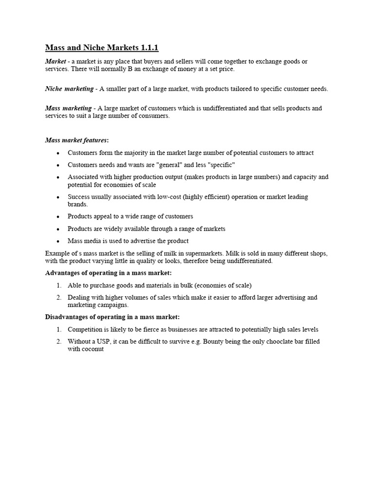 Mass and Niche Markets 1 | PDF | Sales | Market (Economics)