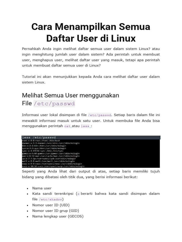 Cara Menampilkan Semua Daftar User Di Linux | PDF | Komputer | Teknologi & Rekayasa