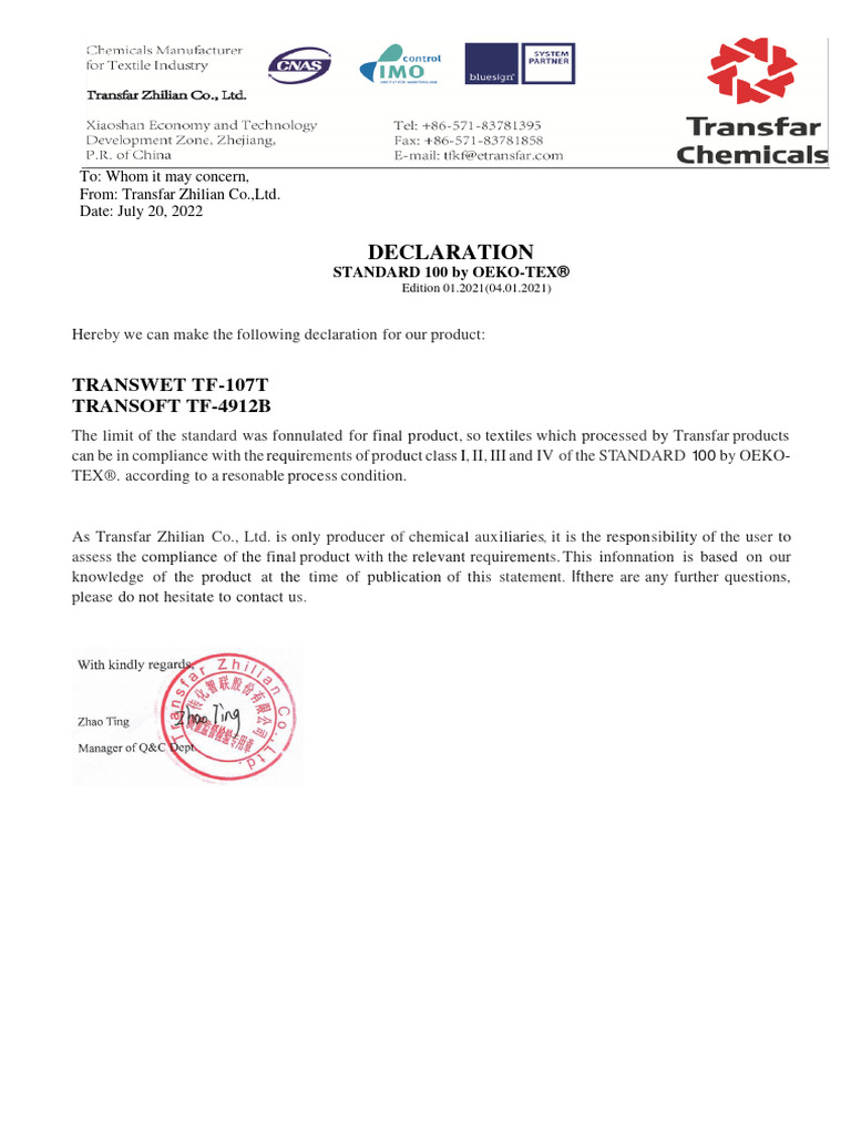 OEKO-TEX Declaration - 2022 | PDF