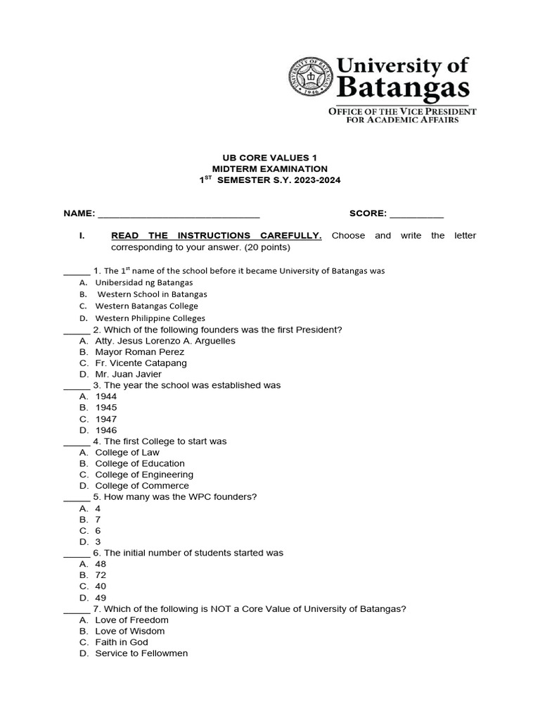UB Core Values Midterm Exam | PDF | Cognition