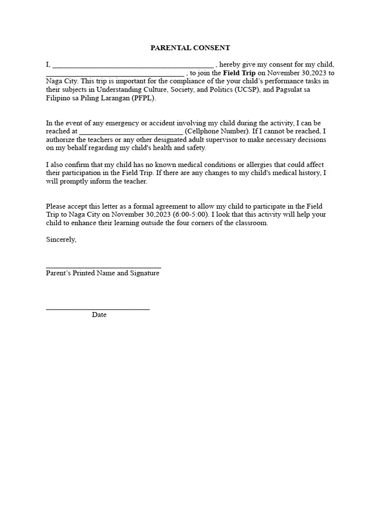 Parent Consent for Field Trip | PDF | Self-Improvement | Wellness