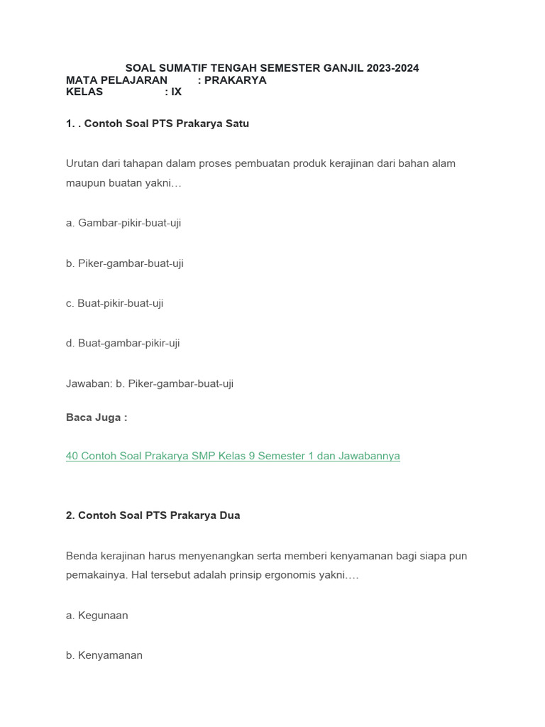 Soal PTS Prakarya Kelas IX 2023-2024 | PDF | Teknologi & Rekayasa