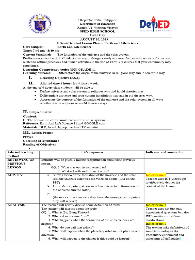 Semi-Detailed Earth Science Lesson Plan | PDF | Learning | Universe