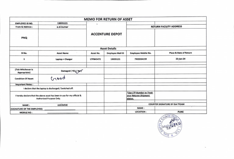 Asset Return Memo for Employee 13035121 | PDF
