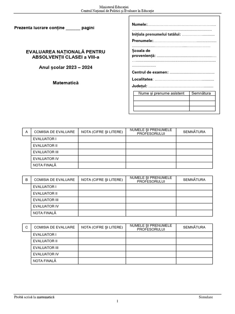 En VIII Matematica 2024 Var Simulare LSR | PDF