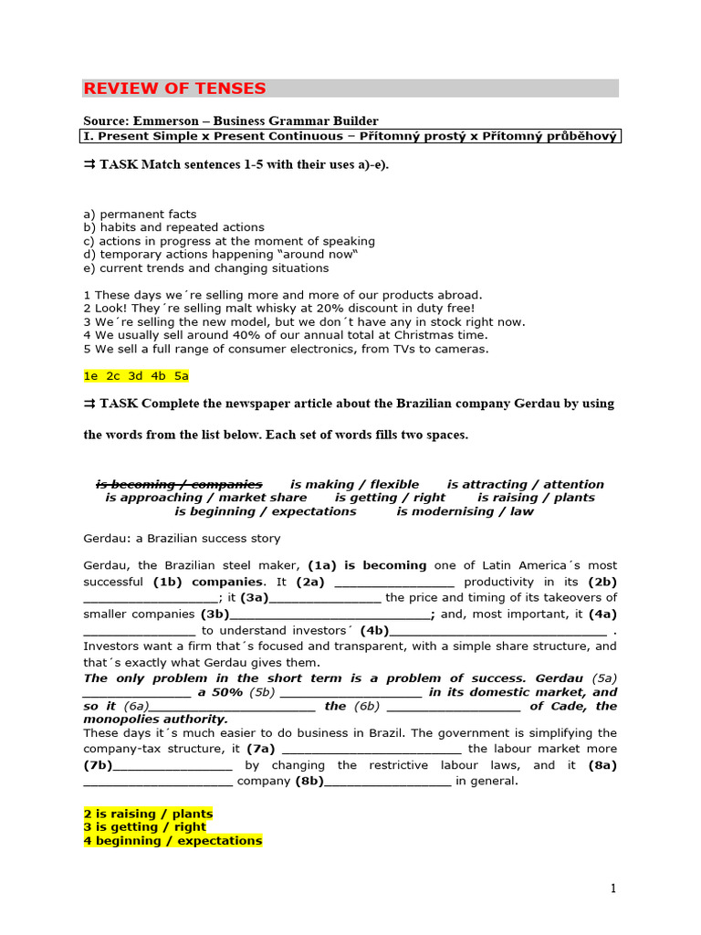 Review of Tenses - Answer Key | PDF | Inflation | Grammatical Tense