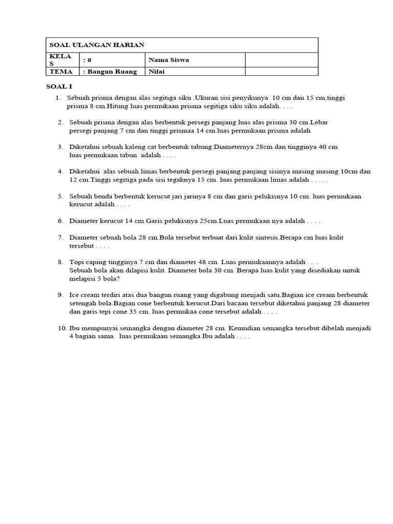 Soal Ulangan Harian MTK Bangun Ruang | PDF
