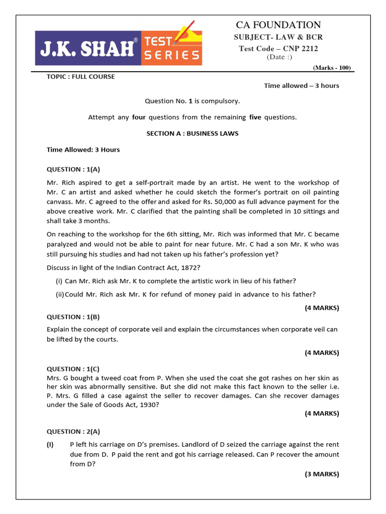 CA Foundation Law & BCR Exam Paper | PDF | Physical Fitness | Swimming