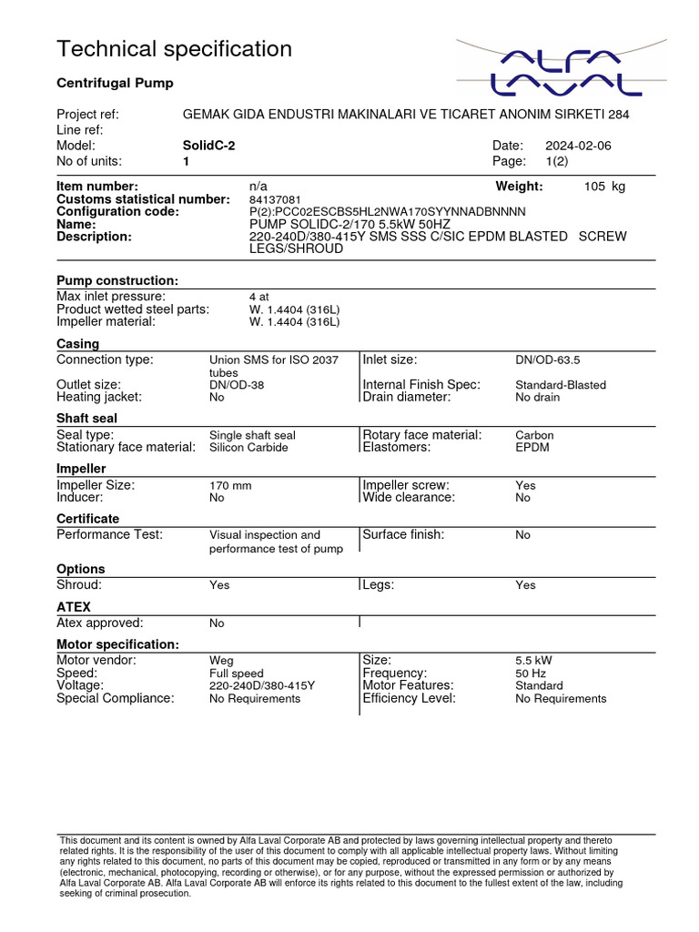 Centrifugal Pump Specification 170/5.5 | PDF | Pump | Mechanical ...