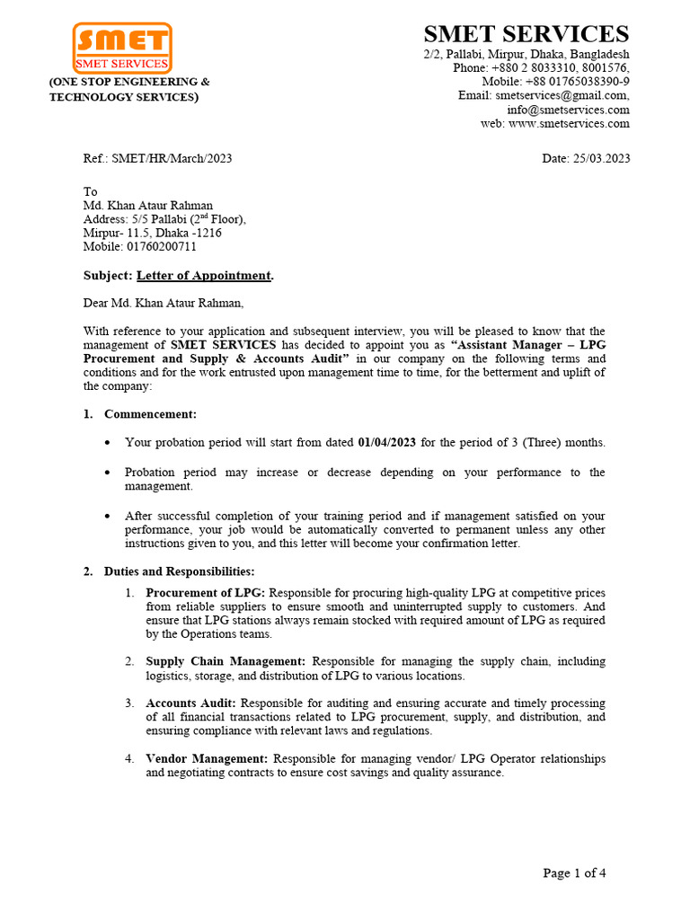 5.1 Appointment Letter - Md. Khan Ataur Rahman | PDF | Supply Chain | Mobile Phones