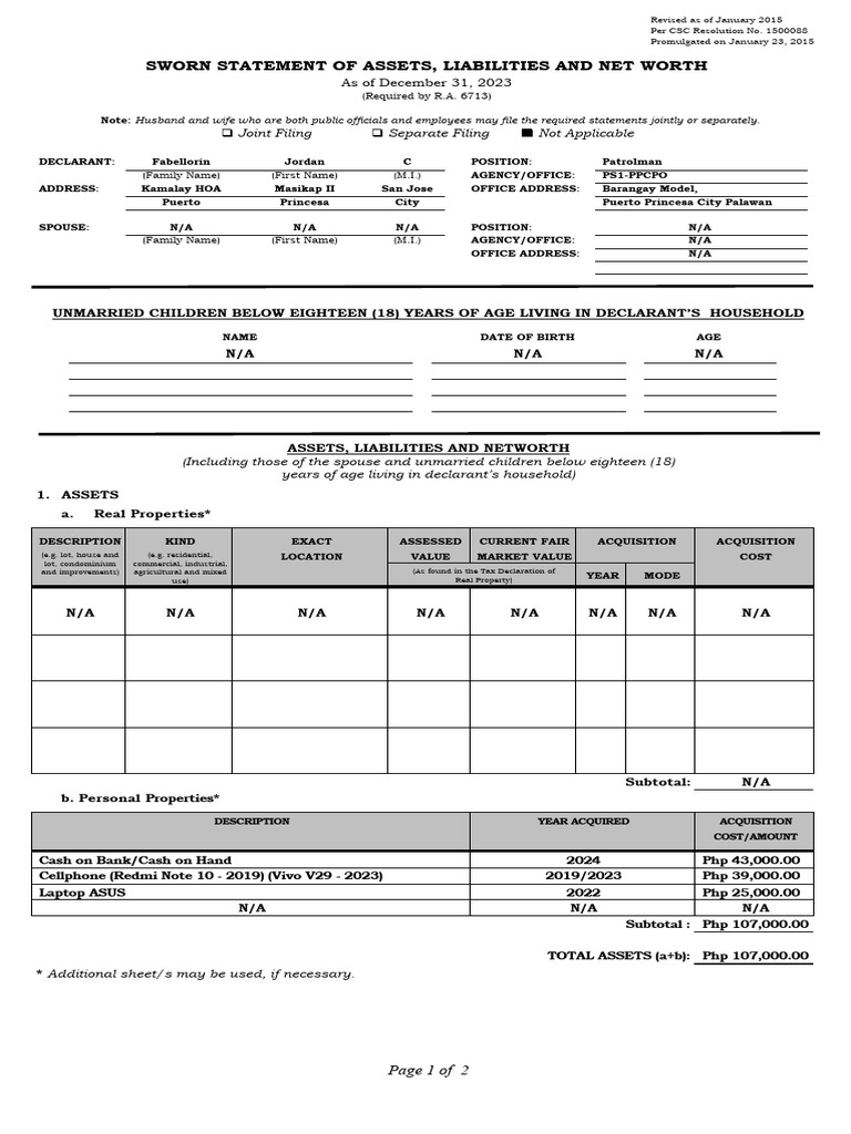 2015 Saln Form | Download Free PDF | Net Worth | Financial Economics