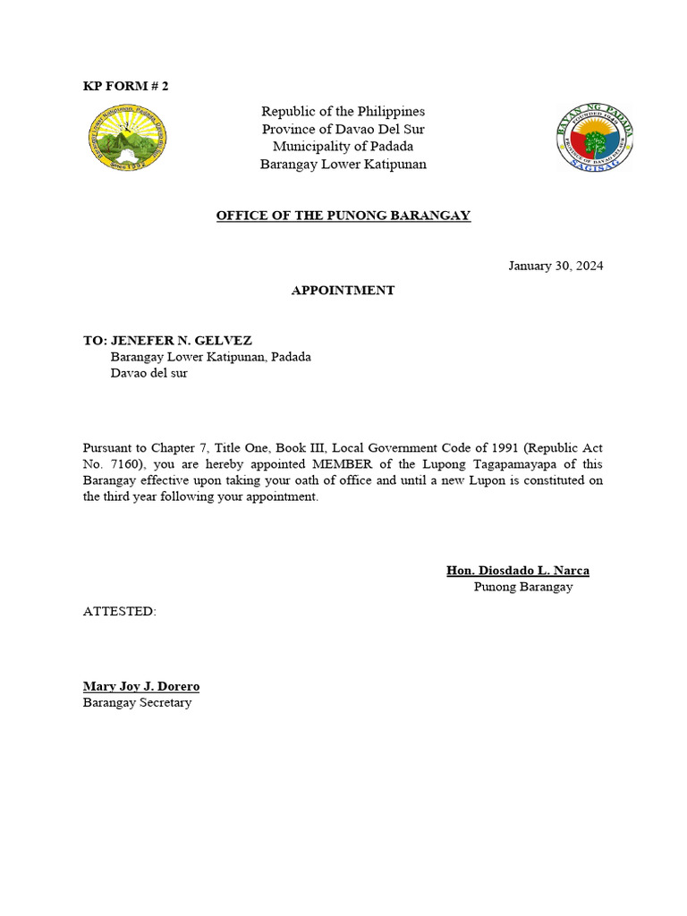 KP FORM #2 Appointment | PDF | Justice | Crime & Violence