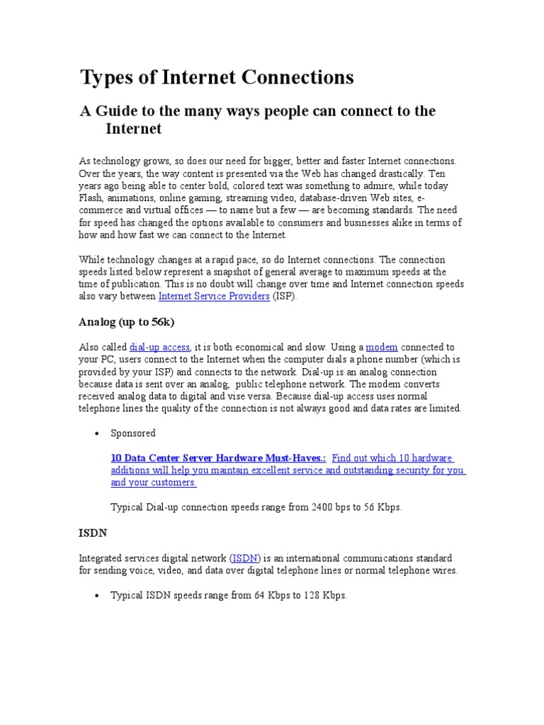 Types Of Internet Connections Pdf Digital Subscriber Line