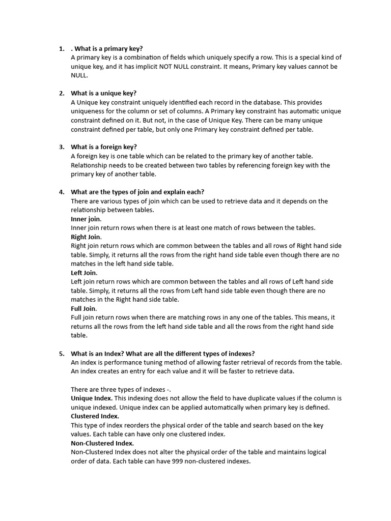 Sql Interview Questions Pdf Database Index Relational Database