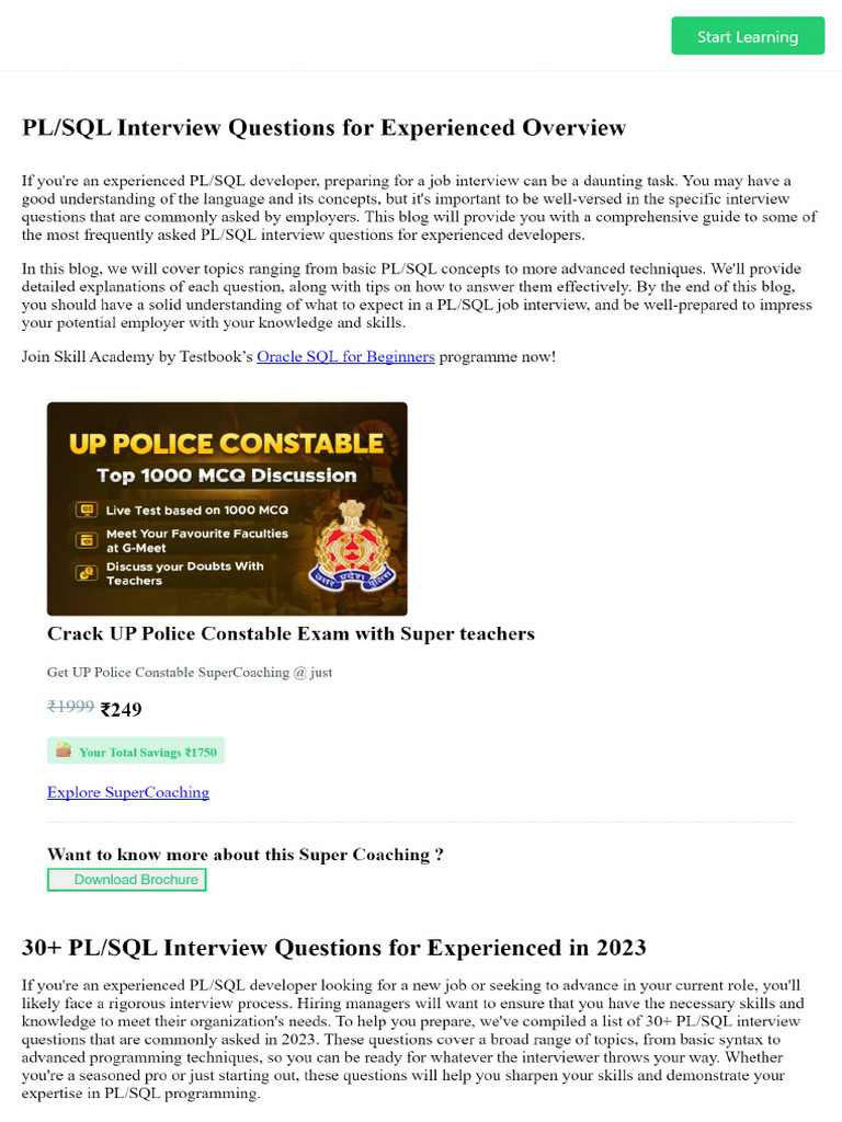 Top 30+ PL - SQL Interview Questions For Experienced, Free PDF | PDF