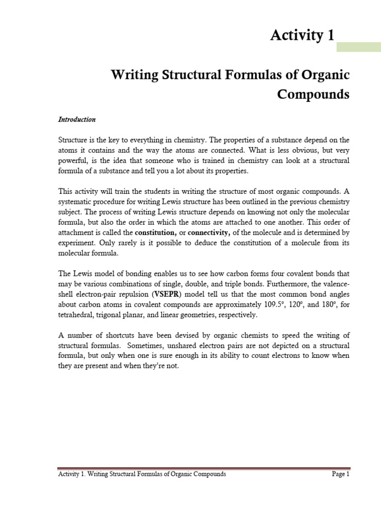 Activity 1 Intro Writing Structural Formulas Of Organic Compunds
