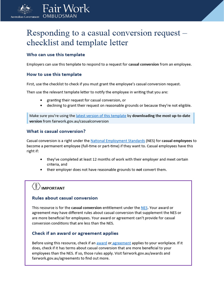Sts Responding To A Casual Conversion Request Checklist and Template ...