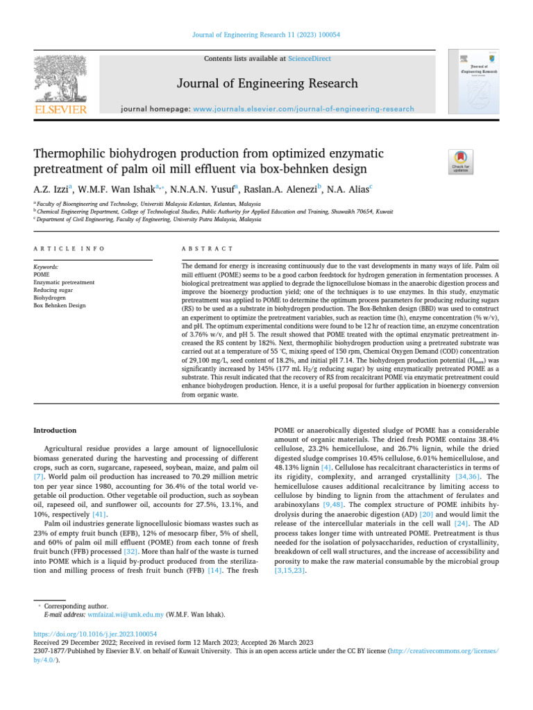 Thermophilic biohydrogen production from optimized enzymatic pretreatment of palm oil mill ...
